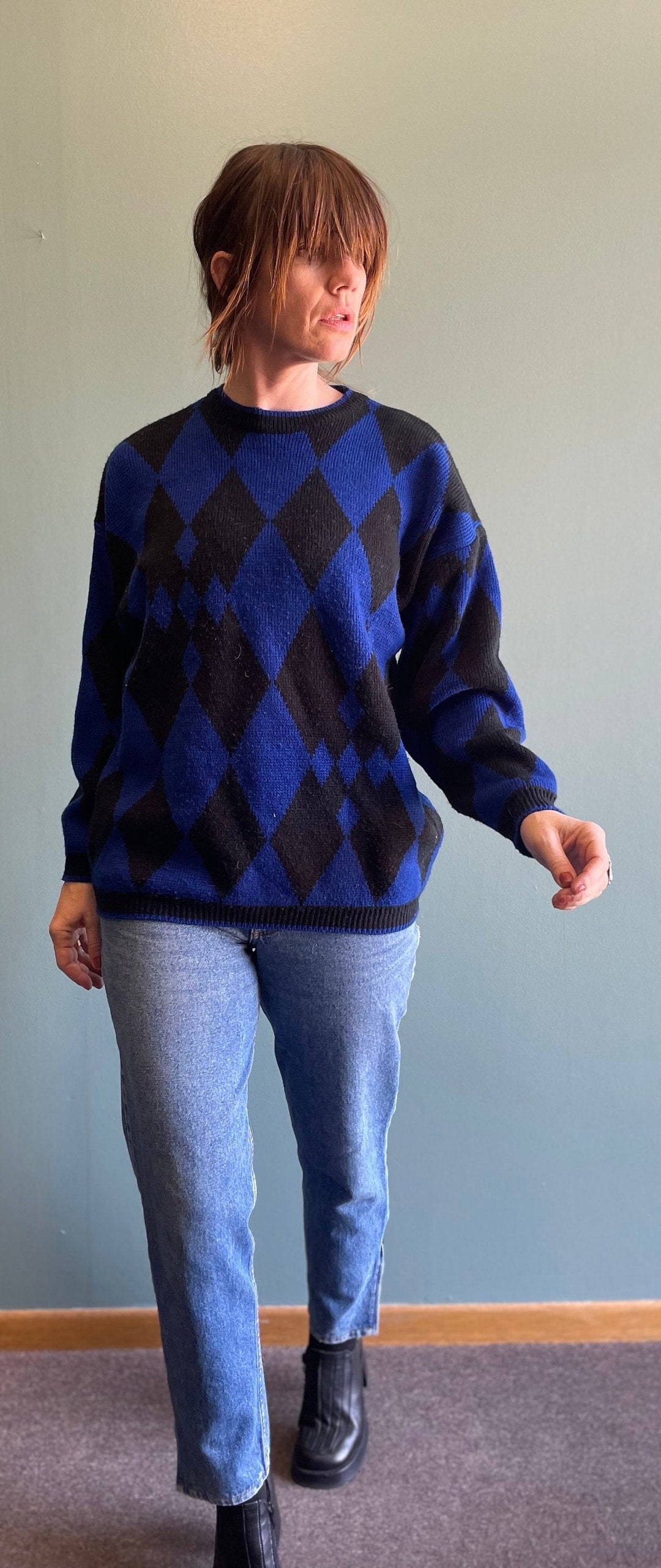 Vtg 80s Vintage Blue & Black DIAMOND Print Sweater Argyle Sweater ...