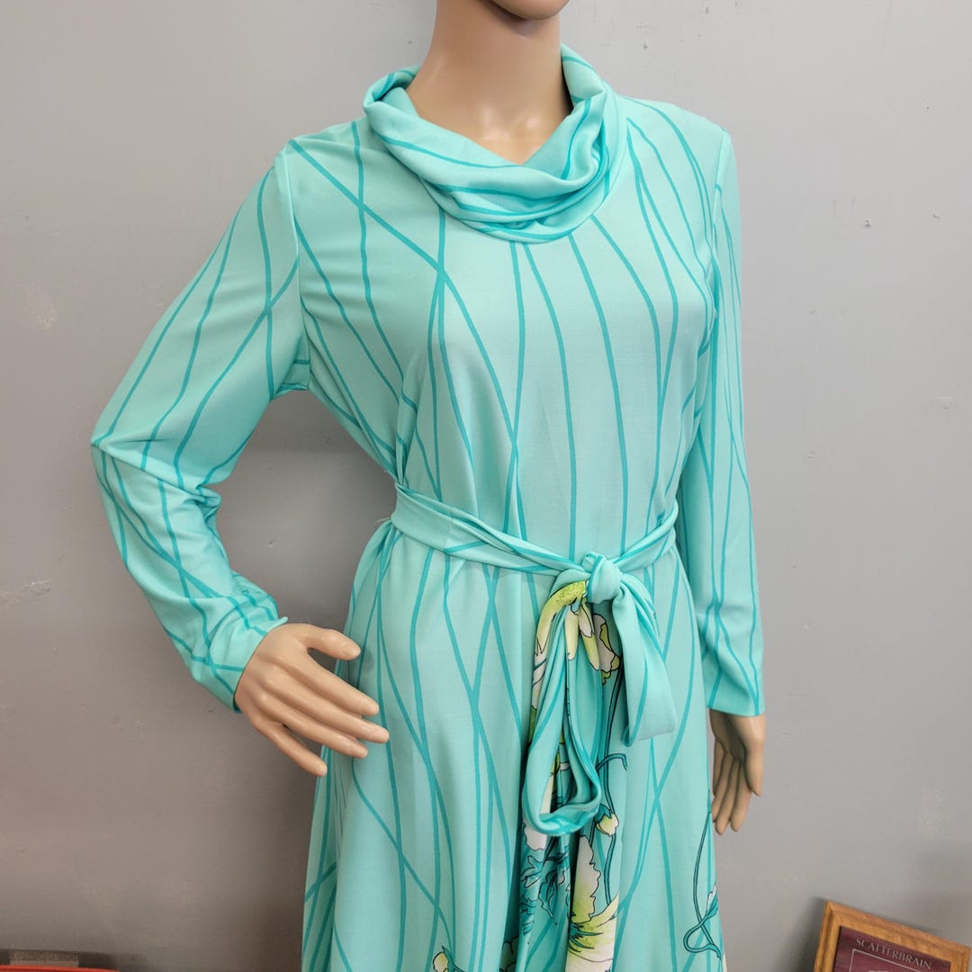Vtg 70s Teal Floral Border Print Maxi Dress: Vintage Leslie Fay Boho ...