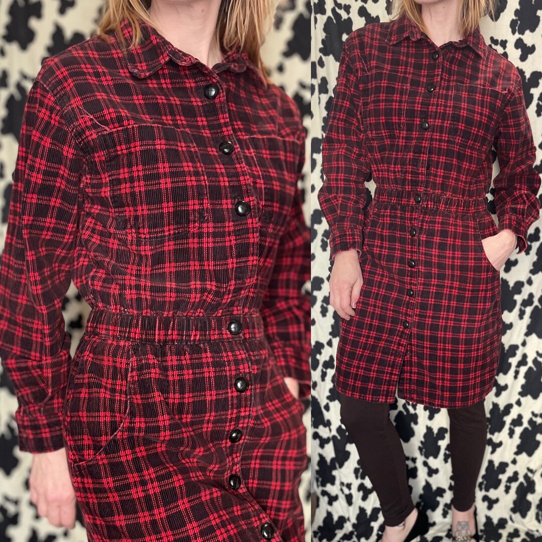 Vintage 80's Red & Black Corduroy Dress // Red Plaid Fitted Dress ...
