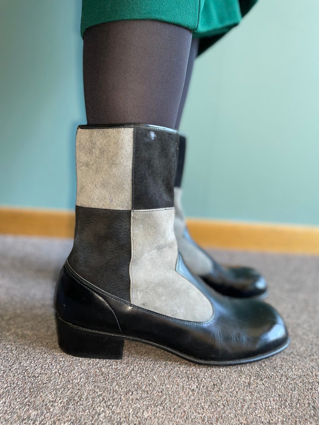 Vtg 60s SUEDE PATCHWORK BOOTS // Vintage Gray & Black Checkered Ankle ...