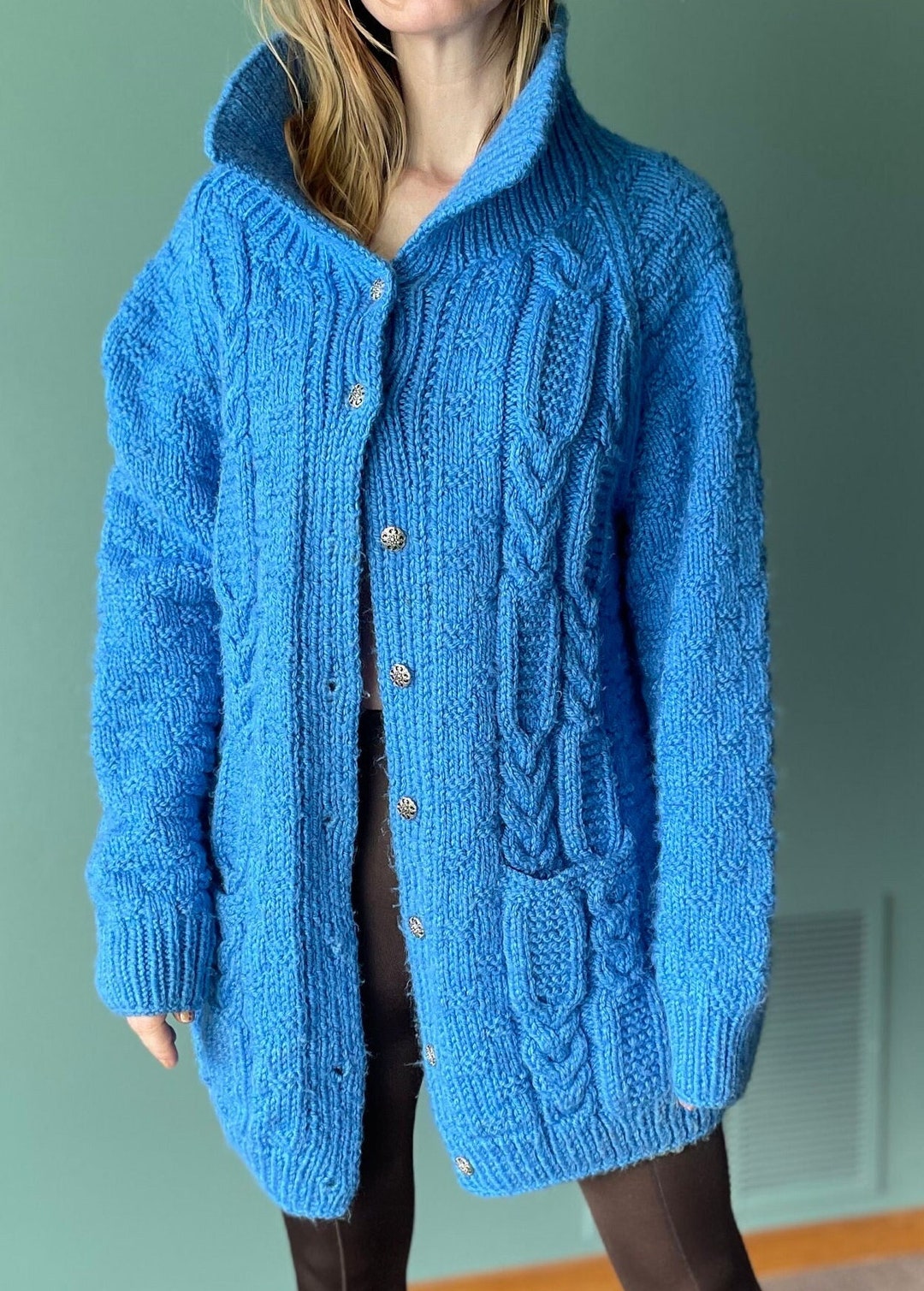 Vtg 70s LONG BLUE CARDIGAN // Vintage Thick Hand Knit Collared Cardigan ...
