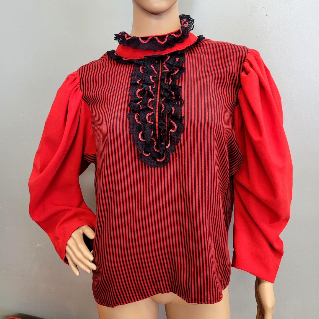 Vtg 70s RED GOTHIC Shirt : Vintage Retro Large Puff Sleeve Black Lace ...