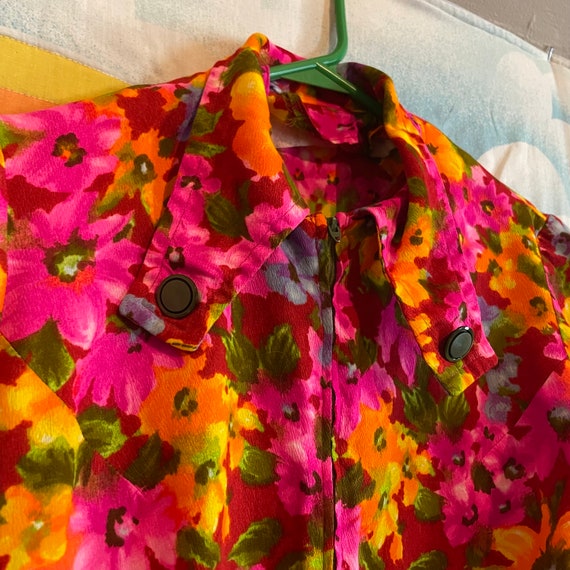 vtg 60s psychedelic mini dress square collar neon flo… - Gem