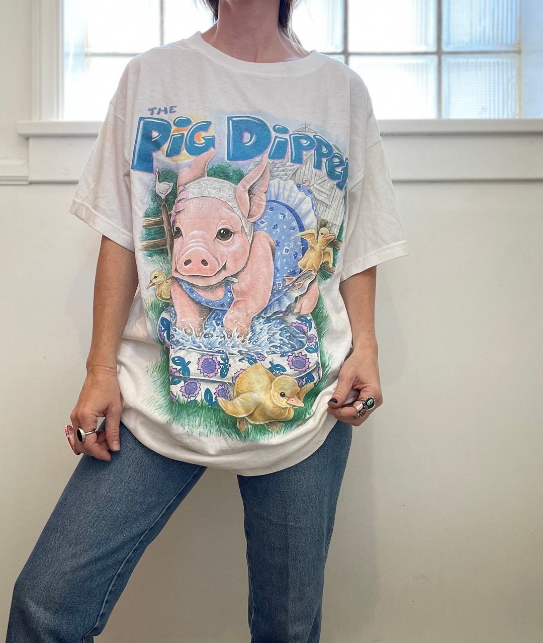 Vtg 90s THE PIG DIPPER Shirt // Pajama Sleeper T Shirt Dress Pig Lover ...