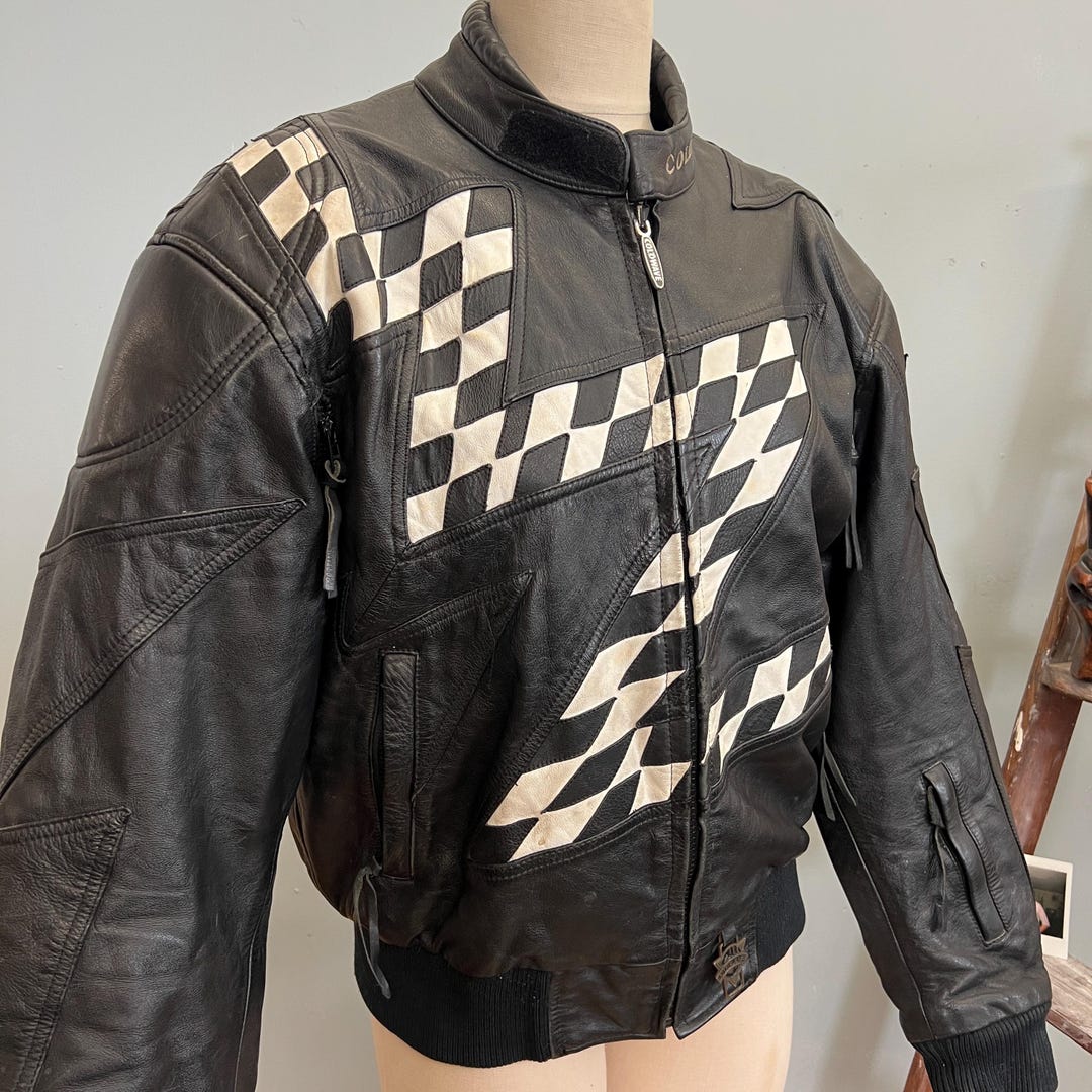 Vtg 80s CHECKERED LEATHER JACKET // Vintage Cold Wave Scotchlite Large ...