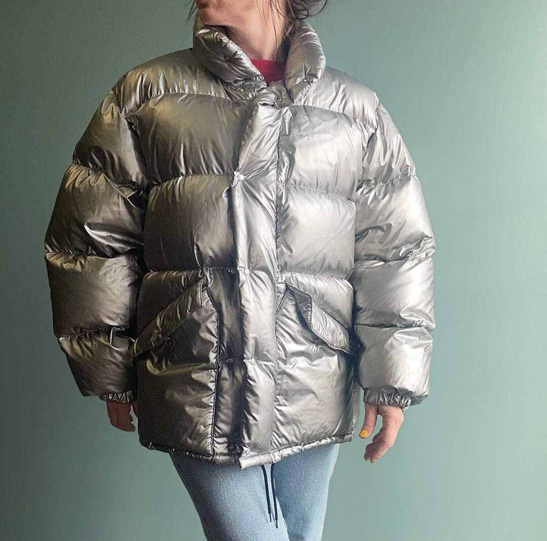 Vintage 80s MONCLER PUFFER Grey Ski Wear Jacket / Puffy Silver Winter Jacket / Missy Elliot ...