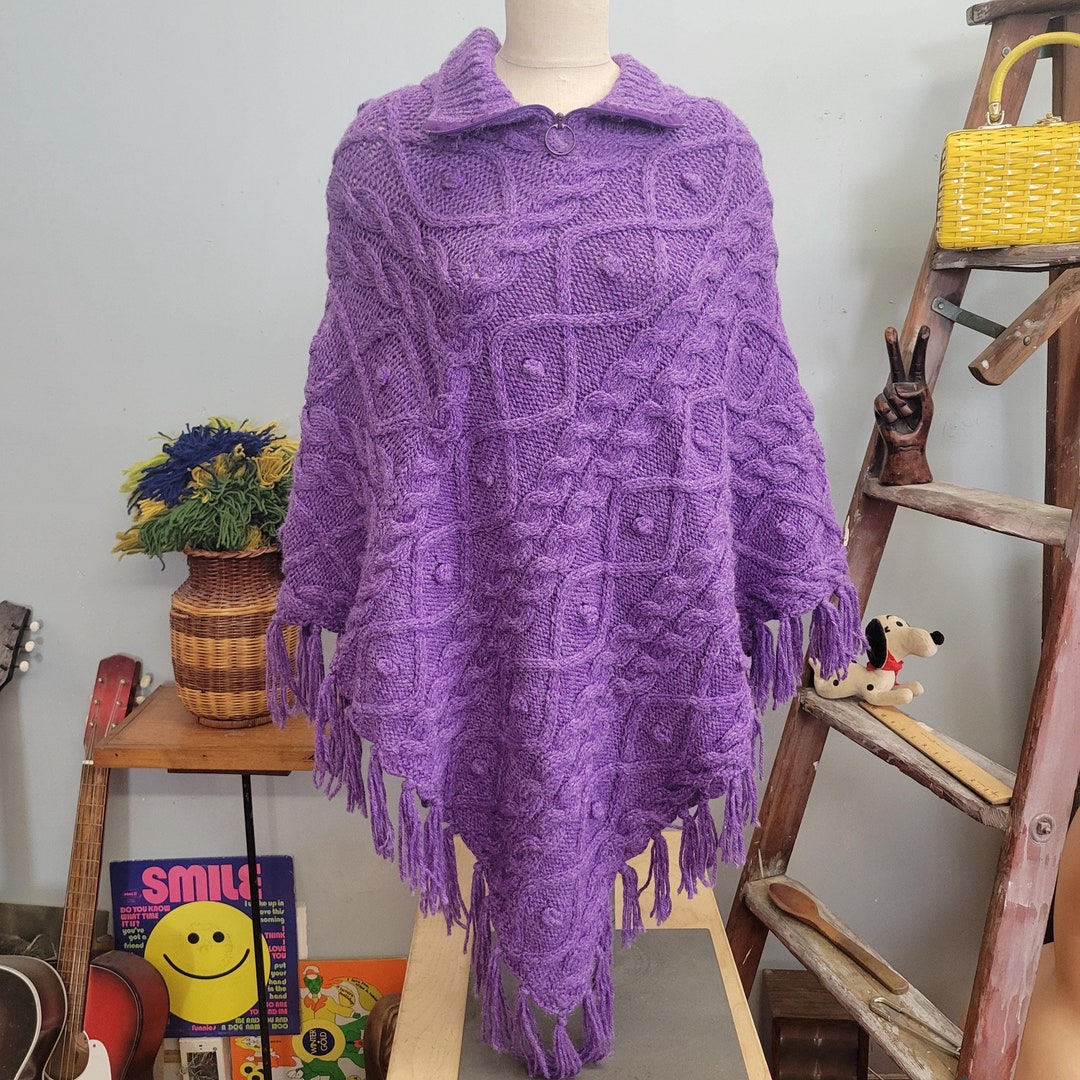 Vtg 70s PURPLE KNIT PONCHO // Vintage Xl 3d Textured Fringe Cape Pastel ...