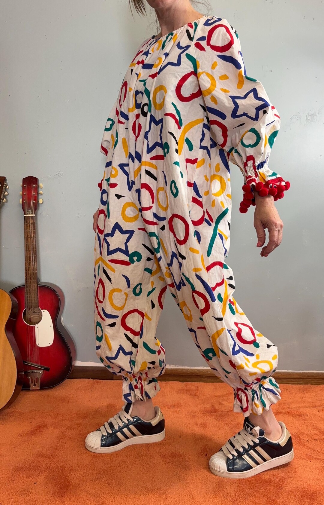 Vtg 80s FUNKY CLOWN SUIT // Vintage Primary Colors Pom Pom Cuffs ...