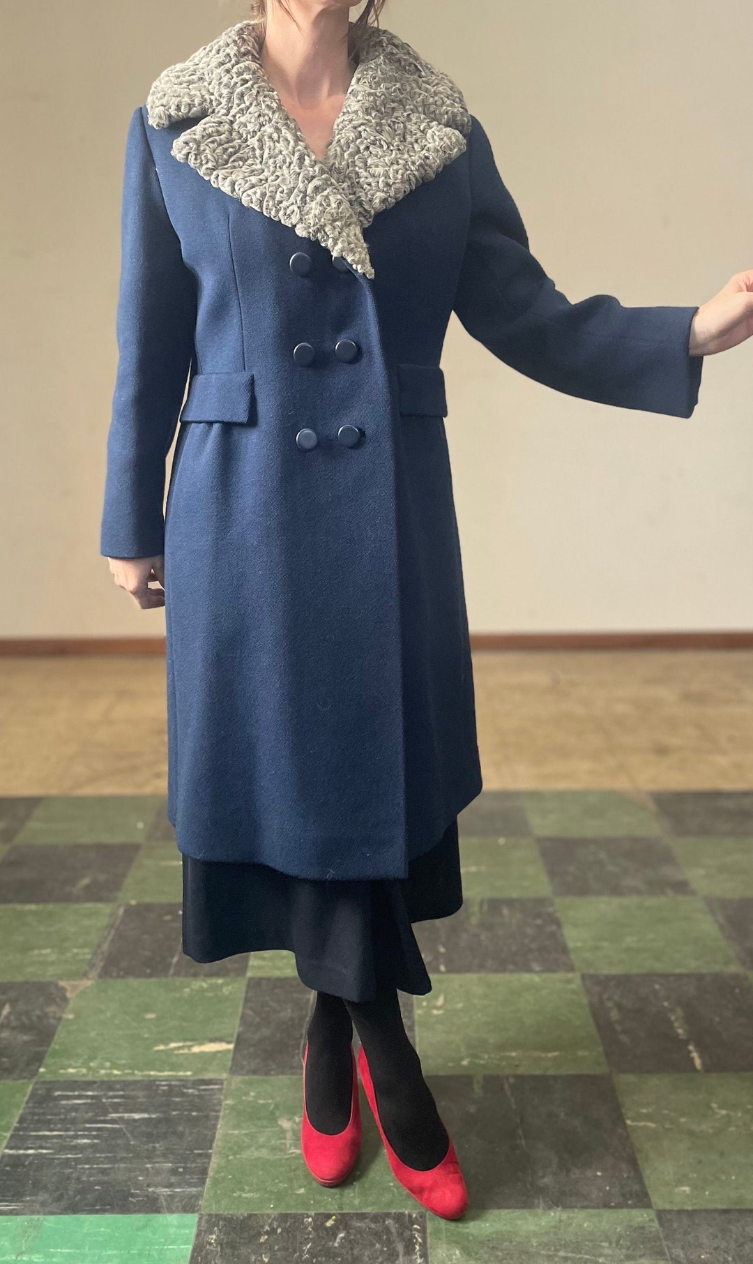 Vtg 50s PERSIAN LAMB COLLAR Coat // Vintage Field Schlick Blue Wool ...