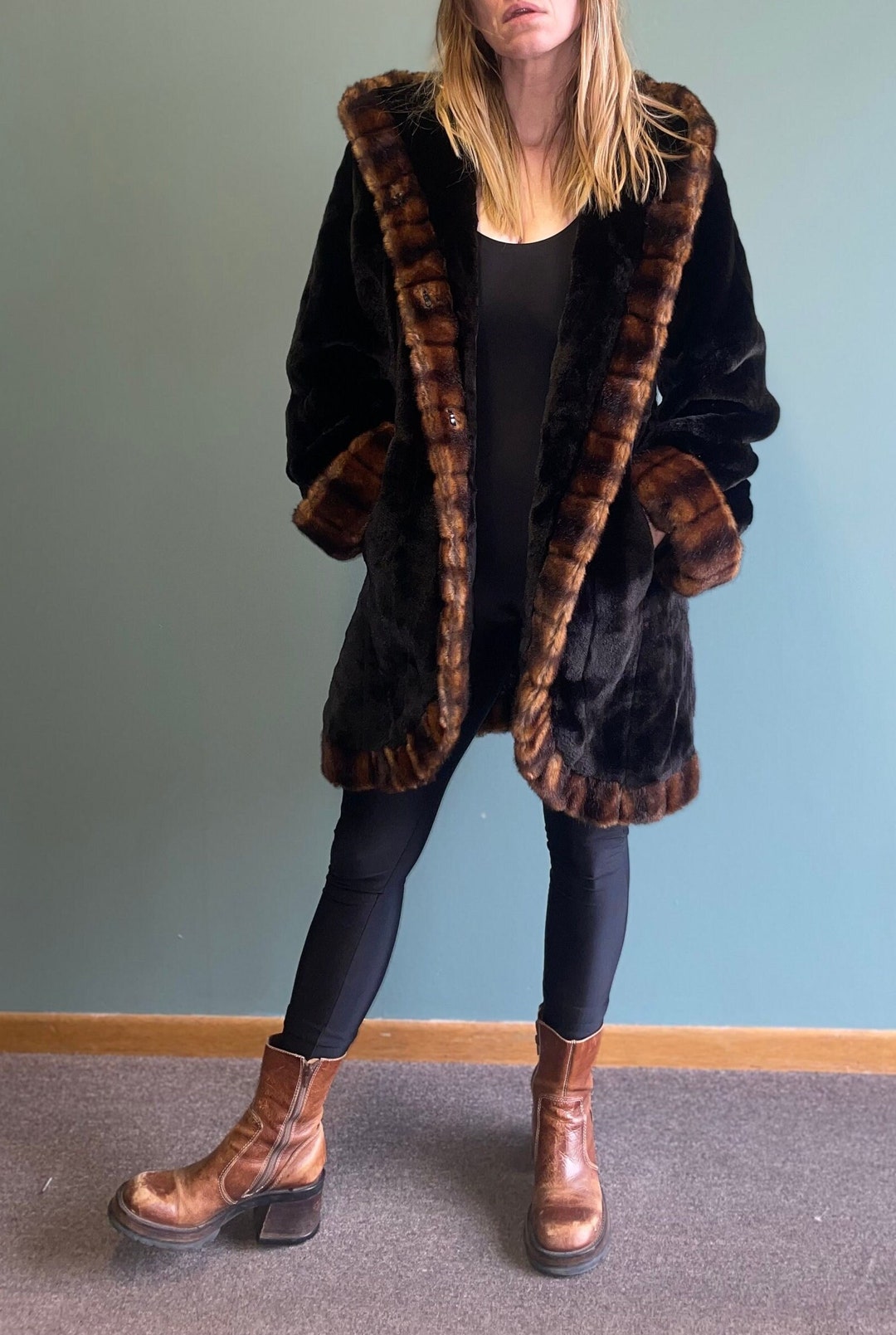 Vtg 90s FAUX FUR COAT // 90s Y2k Black & Brown Fur Penny Lane Shearling ...