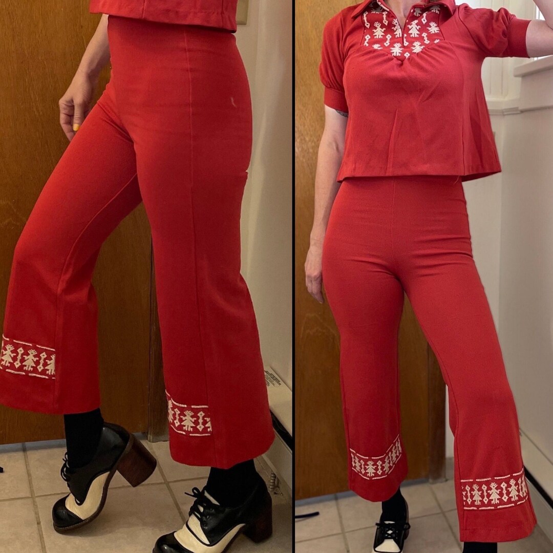Vtg 70s Bell Bottom 2 Piece Pantsuit Flare Pants Set Xs Crop Top and ...