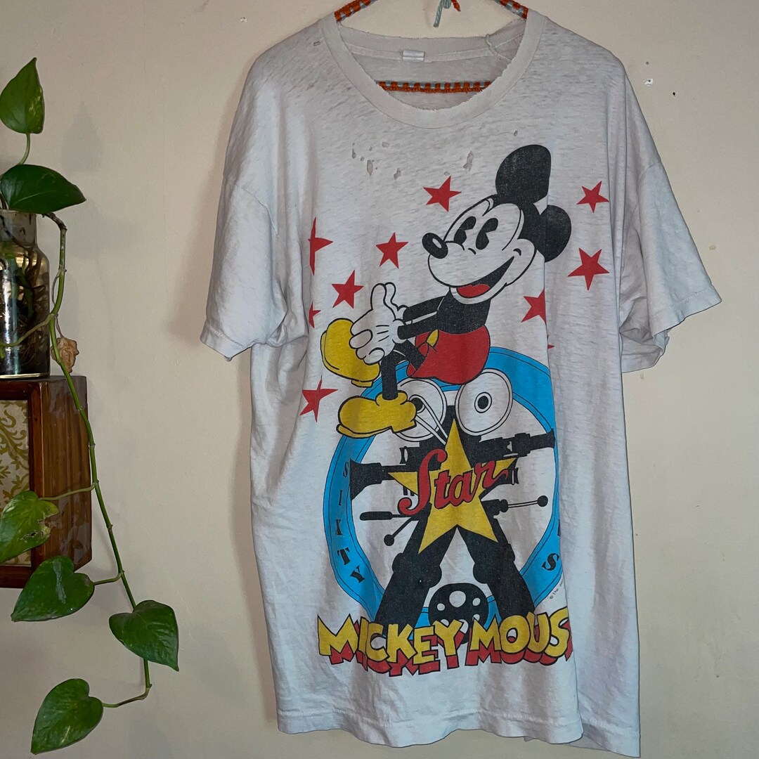 Vtg 90s Mickey Mouse Distressed Sleeper Baggy T Shirt Dress Holes Soft ...