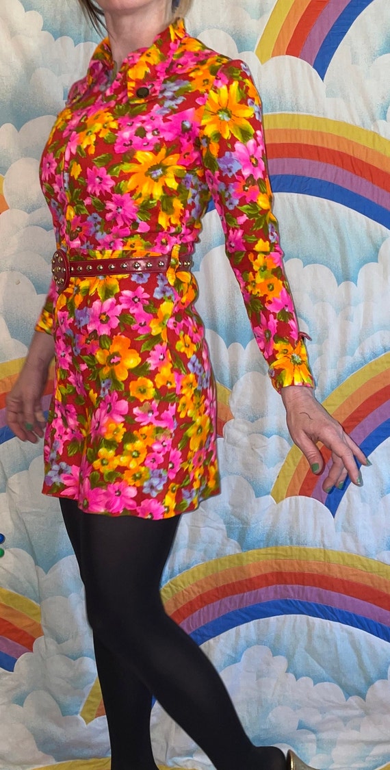 vtg 60s psychedelic mini dress square collar neon flo… - Gem