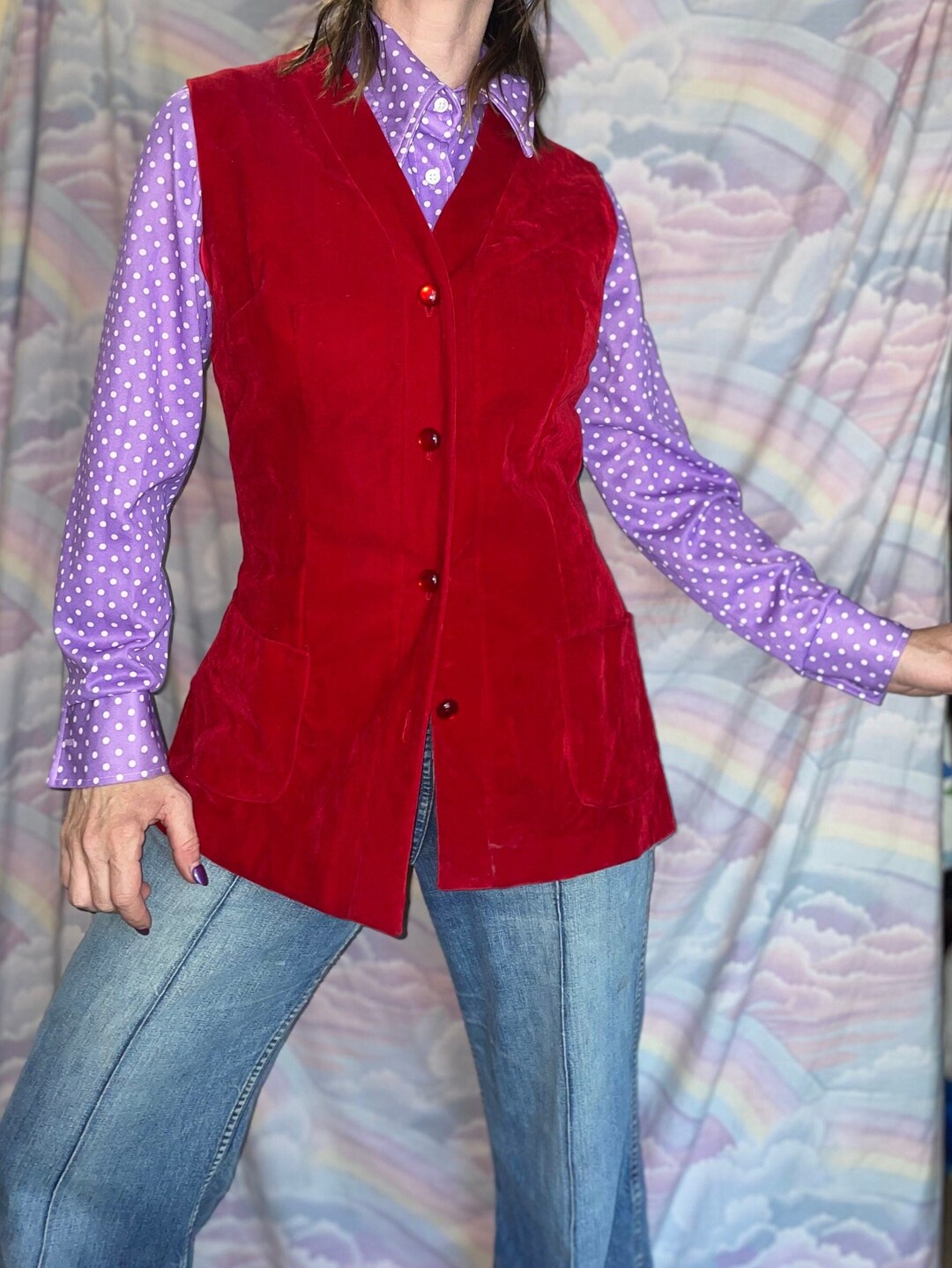 Vintage 60s 70s Bright Red Velvet Waistcoat With Pockets / Red Velvet ...