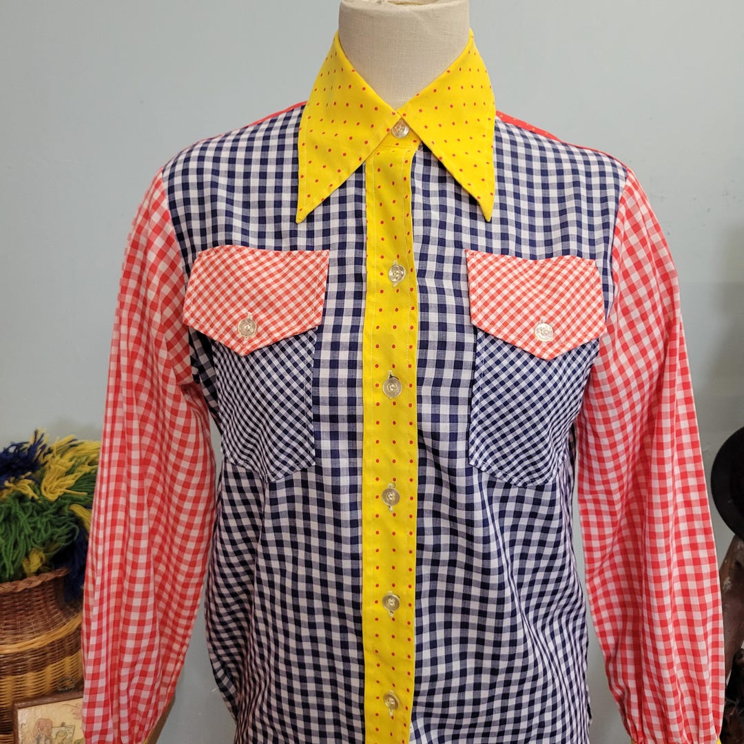 Vtg 70s Lady Wrangler CHECKERED Shirt: Vintage LARGE Polka Dot Bright ...