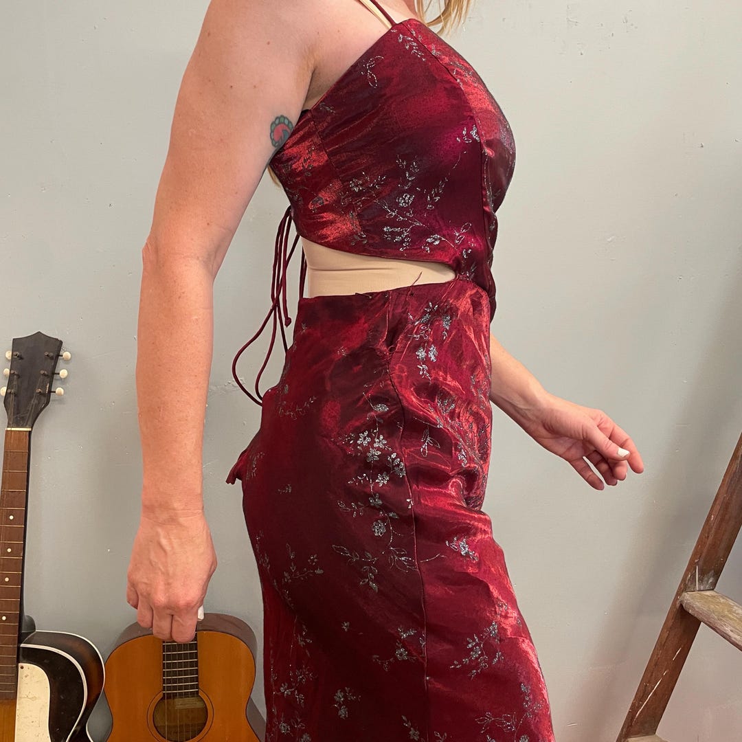 Vtg Y2K CUTOUT FORMAL GOWN // Vintage Burgundy Brocade Silver Sparkle ...