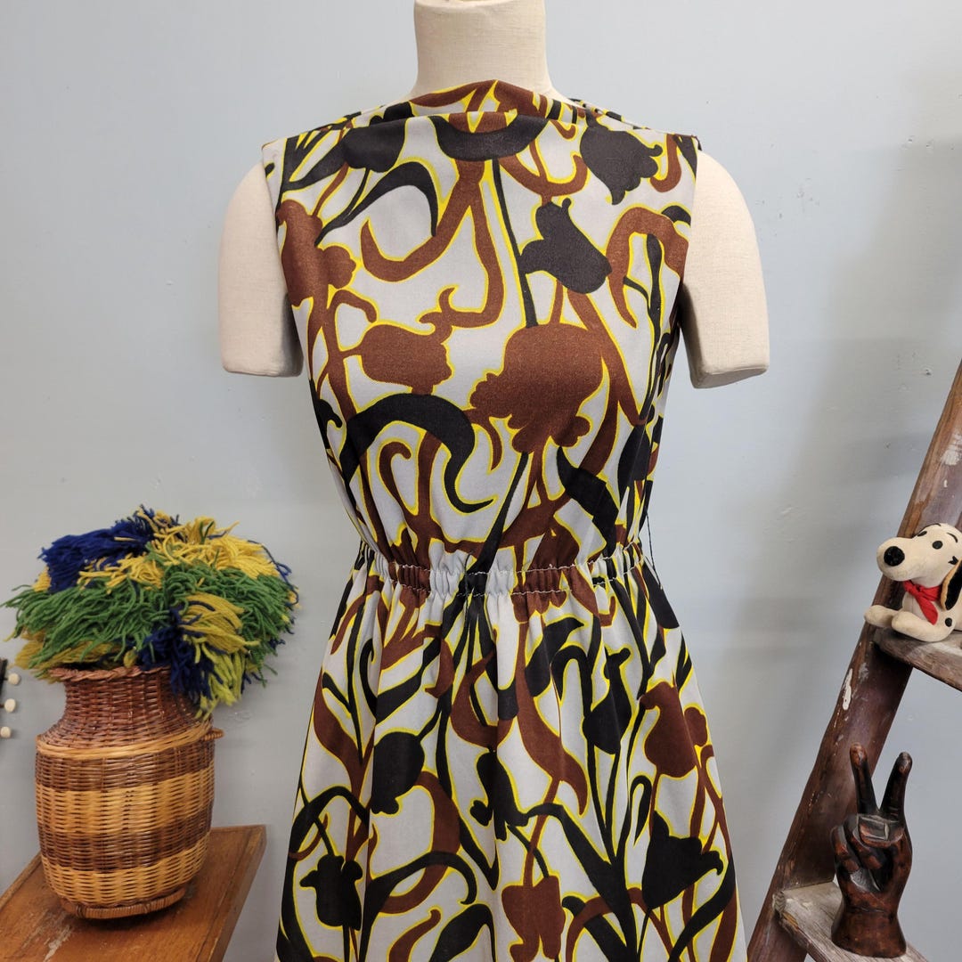 Vtg 60s MOD MIDI DRESS // Vintage Womens Medium Abstract Neutral Tones ...