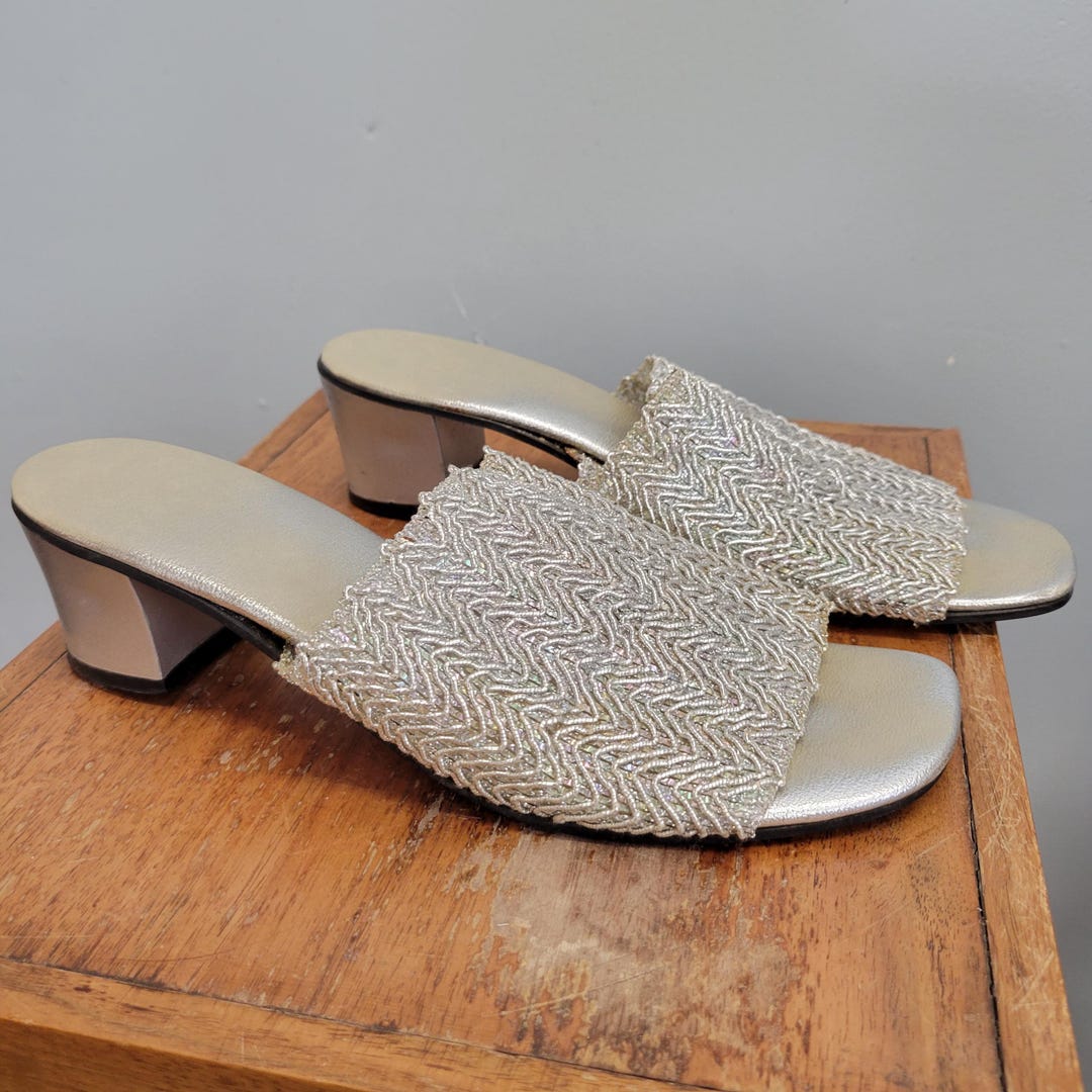 Vtg 60s IRIDESCENT BEADED SANDALS // Vintage Gustave 9.5 Womens Silver ...
