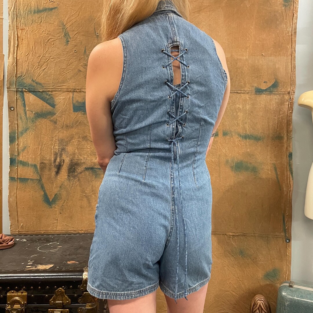 Vtg 90s DENIM ROMPER // Vintage Light Wash Collared Jean Shorteralls ...