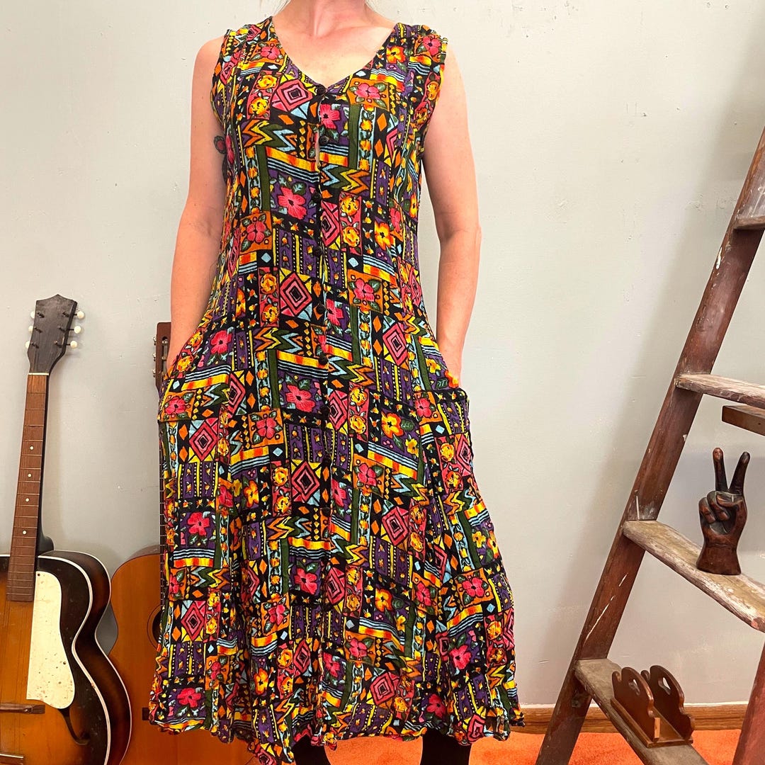 Vtg 80s INDIAN RAYON Patterned Maxi Dress With Pockets, Bright Loud ...
