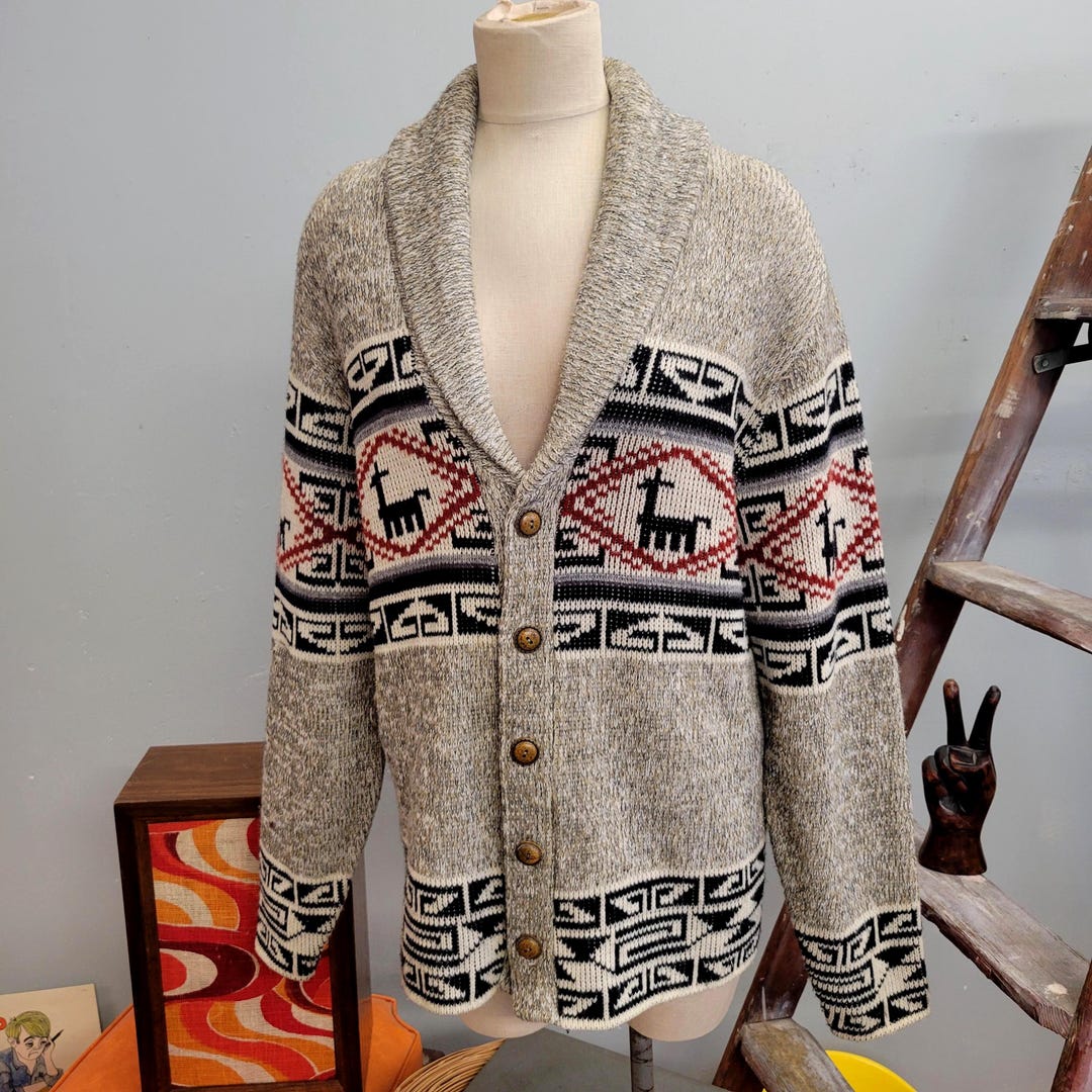Vtg 70s SHAWL COLLAR CARDIGAN : Vintage Mens Large Geometric Fair Isle ...