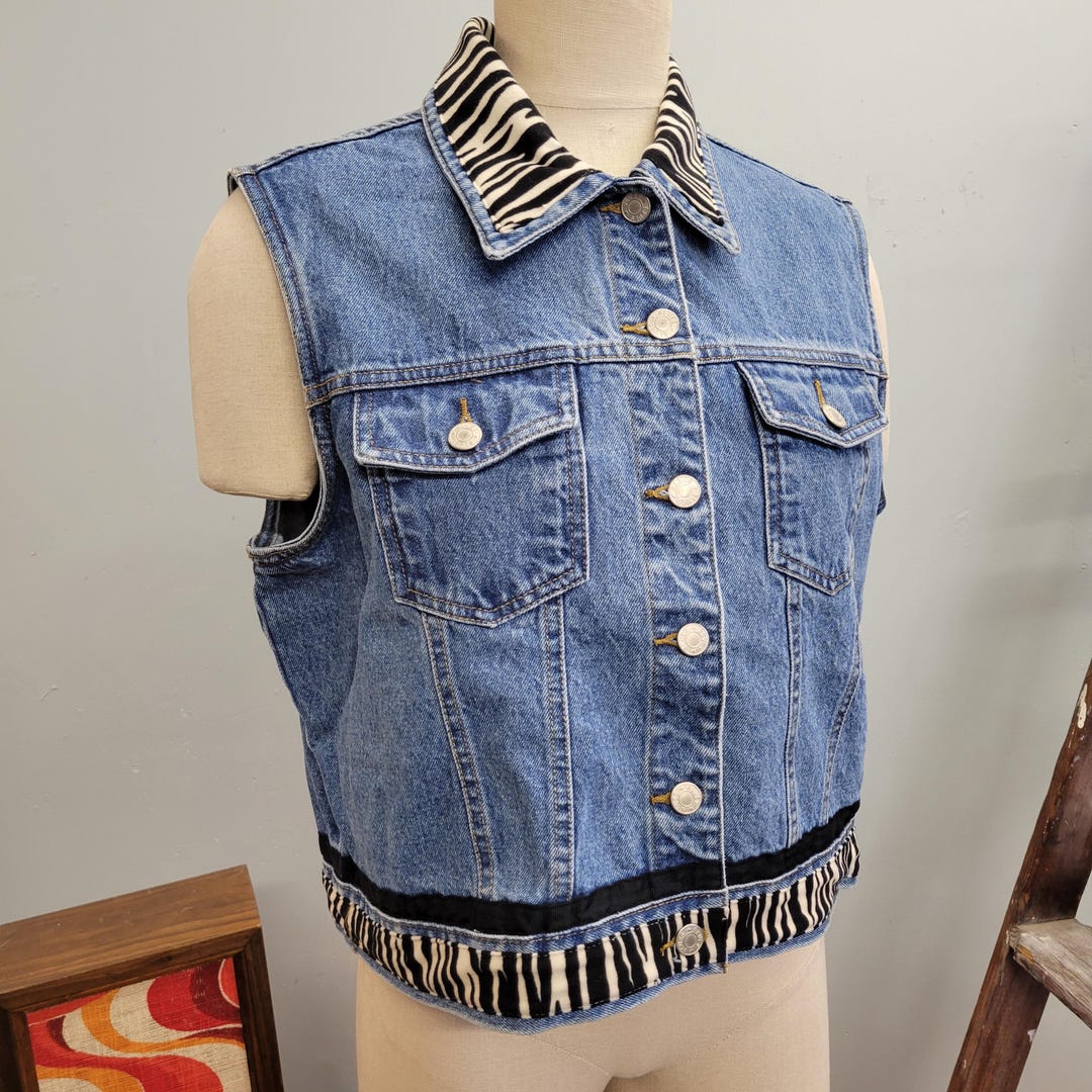 Vtg 90s ZEBRA DENIM VEST // Vintage Baccini Xl Funky Denim Jacket ...