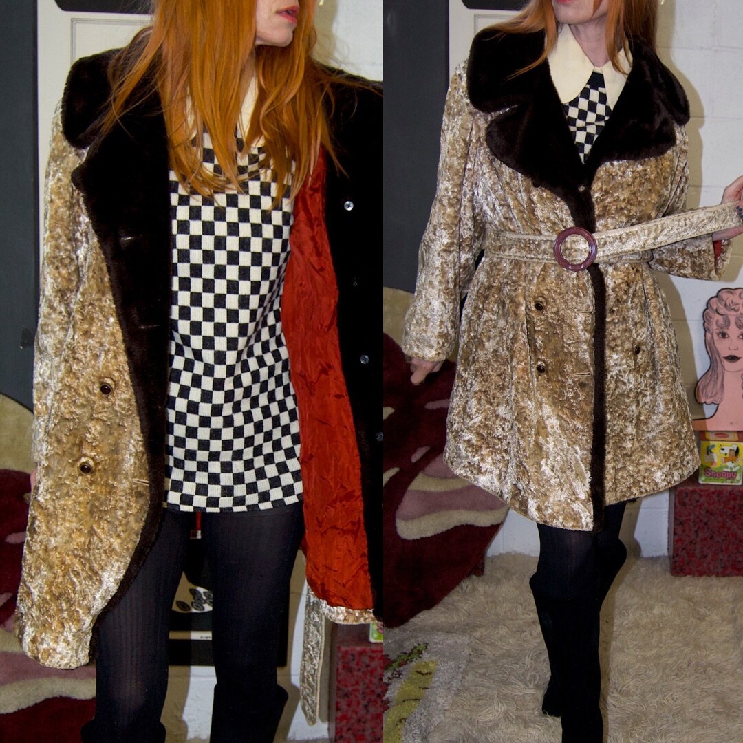 Vintage 1960s Crushed Velvet Fur Collar Coat // 60s Gold Velvet Jacket ...
