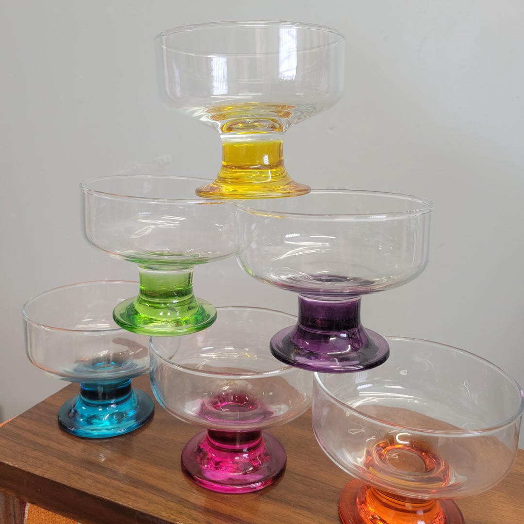 Vtg 70s RAINBOW PEDESTAL GLASSES // Vintage Multicolor Stained Glass Ice Cream Bowls Retro ...