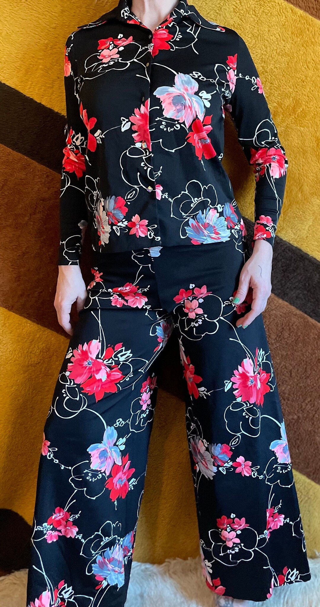 Vtg 70s BLACK FLORAL PANTSUIT // Vintage Womens Small Palazzo Flare ...