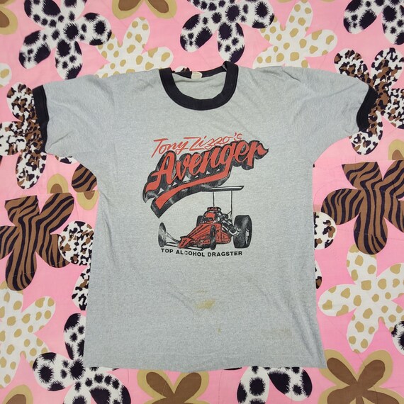 vtg 80s drag race ringer shirt dragster grey soft top… - Gem