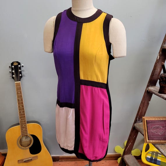 Vintage 80s Mondrian Color Block Rayon Mini Dress: Ha… - Gem