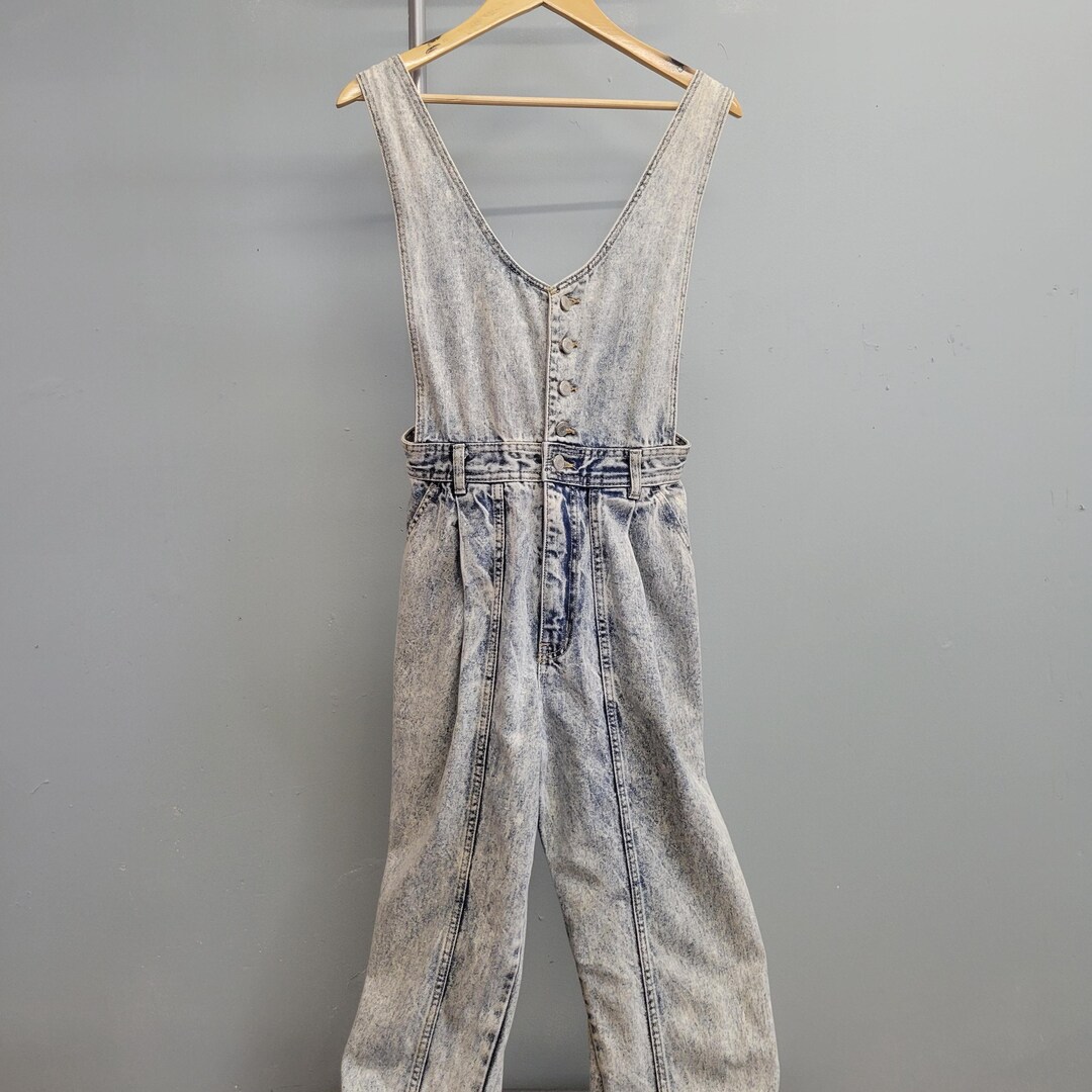 Vtg 80s ACID WASH OVERALLS // Vintage Light Wash Denim V Neck Plunge ...