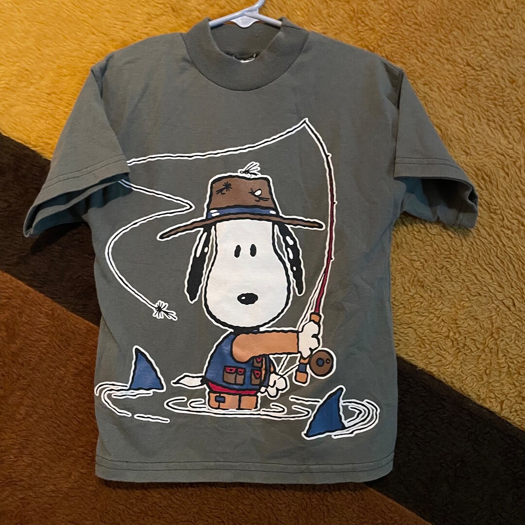 Vtg 90s Snoopy Kids Shirt Fishing With Sharks Big Print Graphic Tee ...