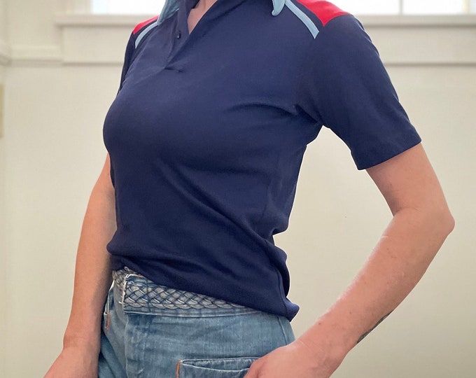 Vintage 70s Retro Blue Color Block Collar Shirt // 70s Show Mod Hippie ...