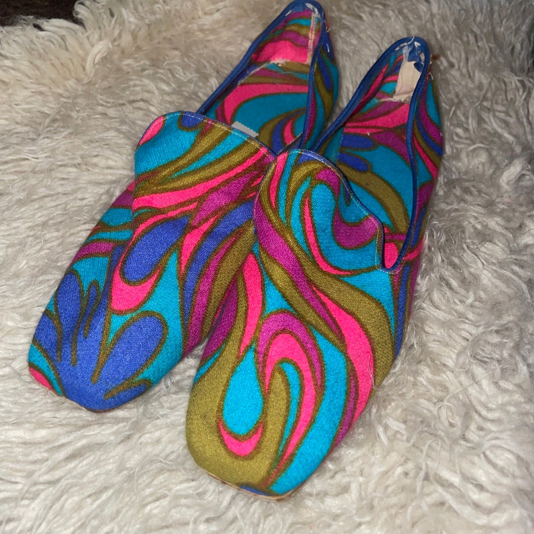 Vtg 60s Emilio Pucci Style Psychedelic Swirl Shoes Bright Neon Slip Ons ...