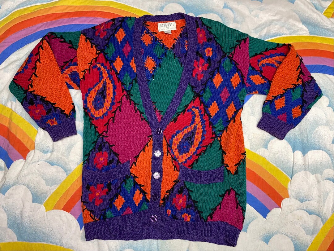 Vintage Ultimate 90s Paisley Cardigan // Neon Pink & Orange Sweater ...