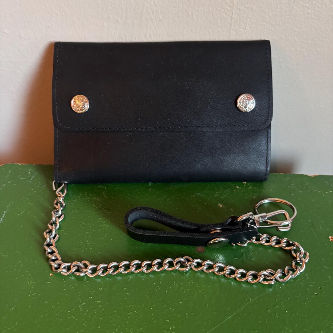 Vtg 90s DEADSTOCK CHAIN WALLET / Vintage Black Leather Jumbo Duo Fold ...