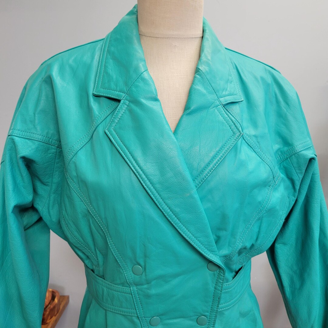 Vtg 80s BLUE LEATHER JACKET // Vintage Chia Funky Medium Womens Cropped ...