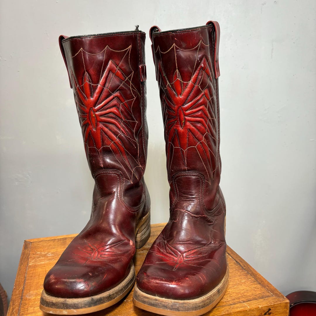 Vtg 70s SPIDER WEB BOOTS Psychedelic Tooled Red Leather Spider Pattern ...