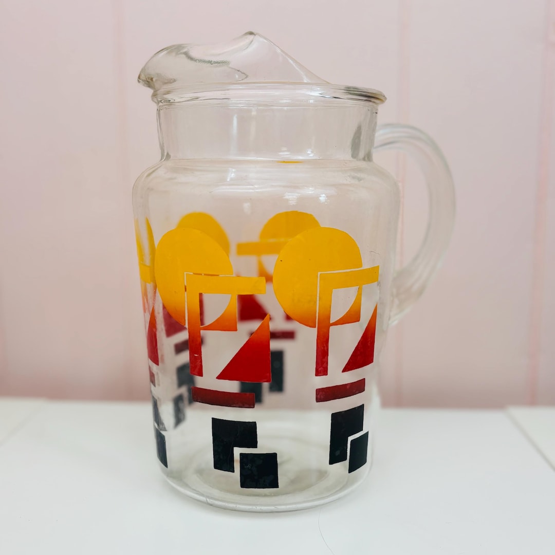 Vtg 70s Glass Pitcher, Retro Colorway Geometric Kitchen & Bar Decor - Etsy
