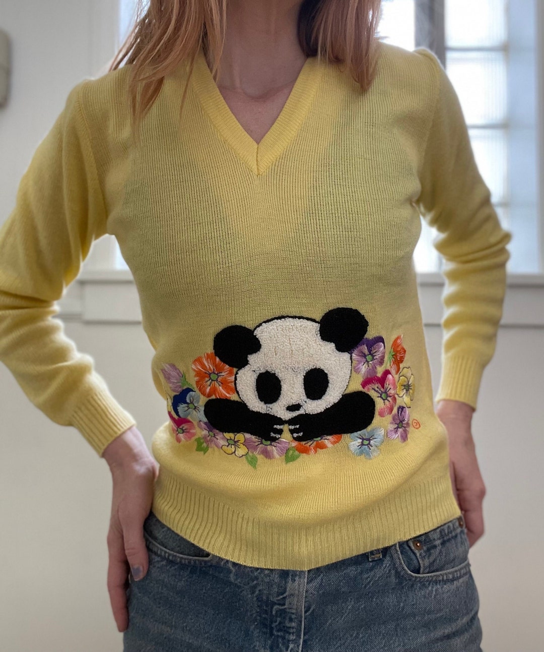 Vintage 70s Panda Sweater // Pastel Yellow V Neck Sweater // Cute ...