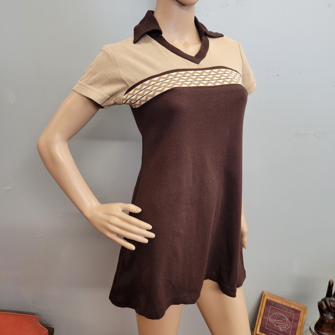Vtg 90s Mod Mini Dress: Vintage Brown Chevron Stripe A-line Shirtdress ...