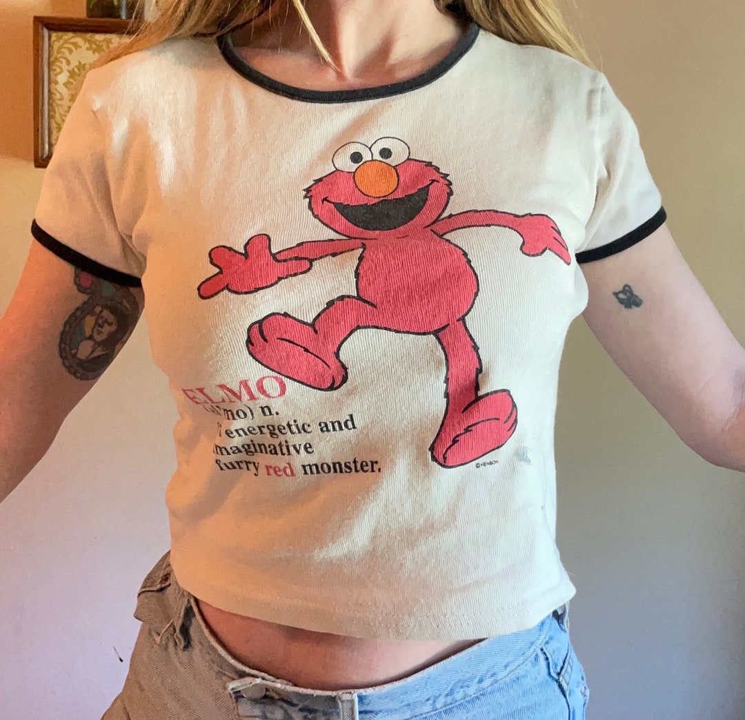 Vtg 90s Elmo Ringer French Cut Shirt Sesame Street Furry Red Monster ...