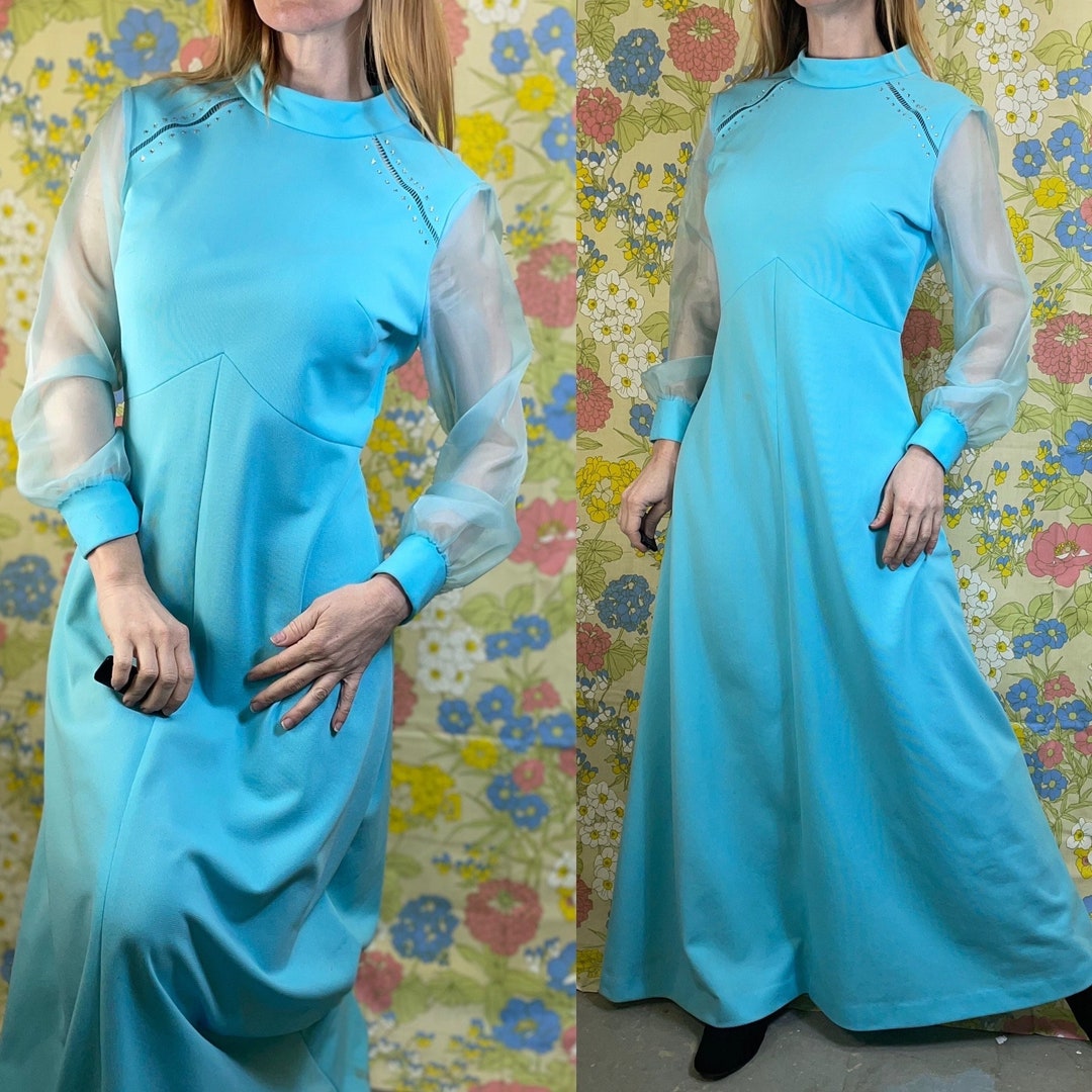SALE Vintage 70s Sheer Sleeve Pastel Blue Maxi Dress / 70s Evening Gown ...