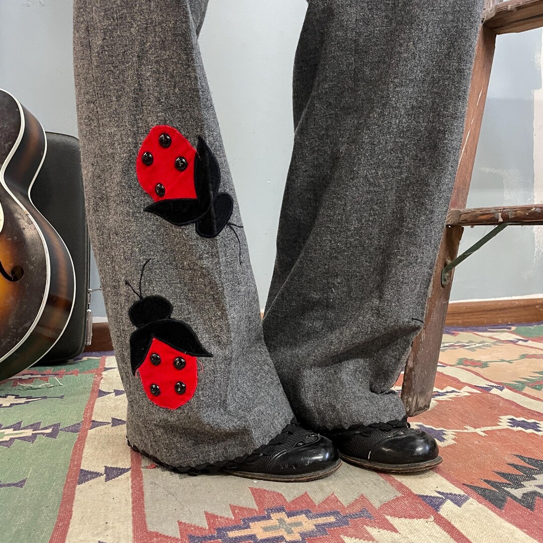 Vtg 60s LADYBUG PANTS // Vintage Bug Patches St. Louis Grey Wool Ric ...