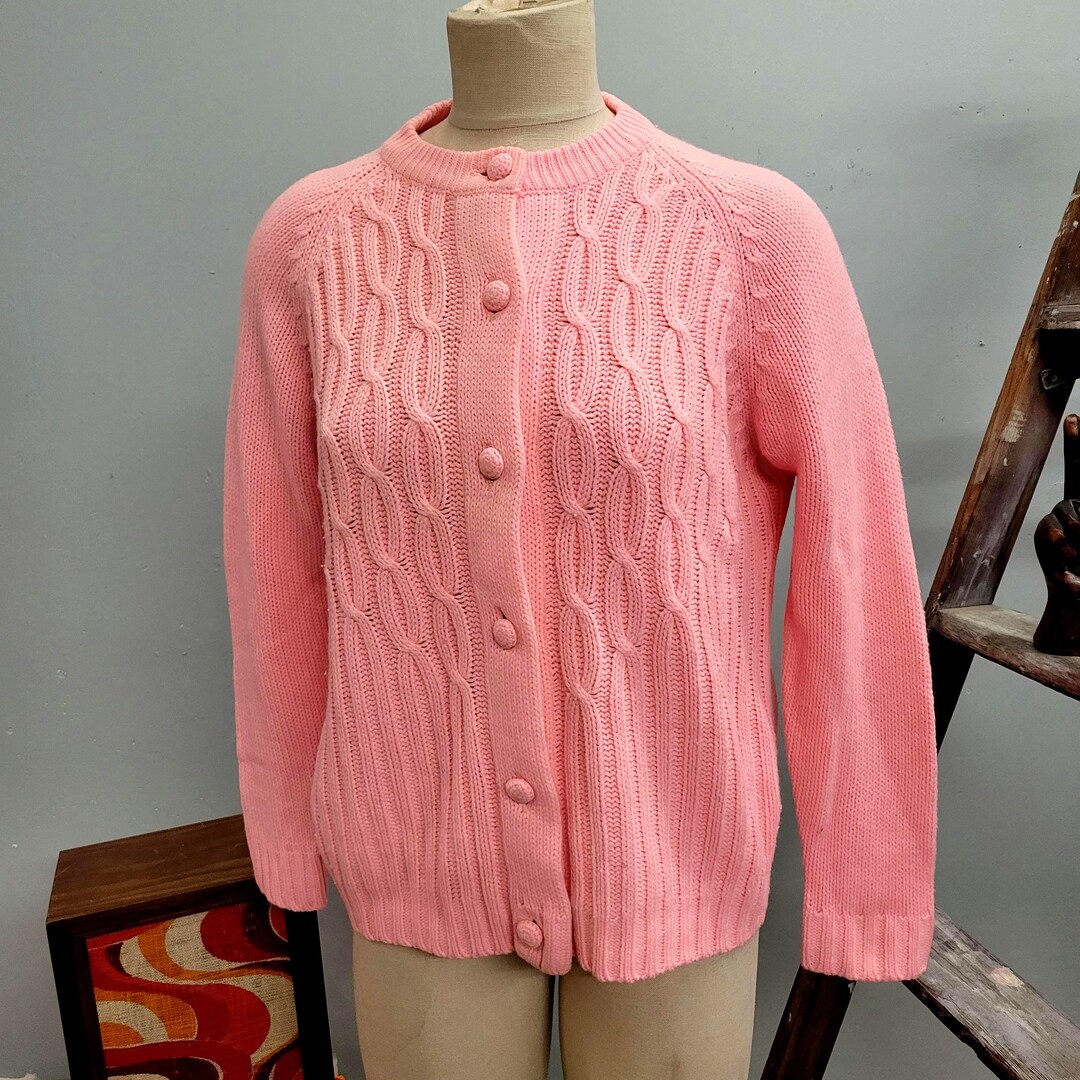 Vtg 60s Pink CABLE KNIT CARDIGAN : Vintage Devine Fashion Medium ...