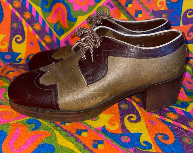 Vtg 70s Mens Platforms Disco Travolta Lace up Wing Tip Retro Stacks Two ...