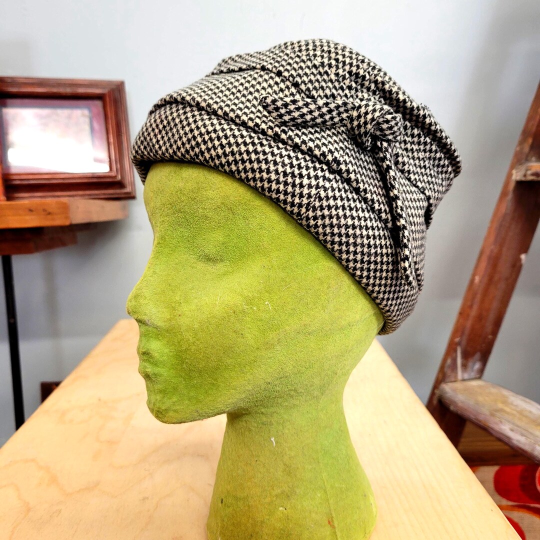Vtg 60s CHECKERED CLOCHE HAT : Vintage Houndstooth Bowtie Cap Isabelle ...