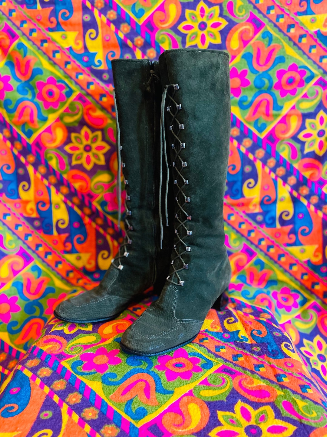 Vintage 60s Sage Green Lace up Boots Cobbies 7.5 Knee High Go Go Zip up ...