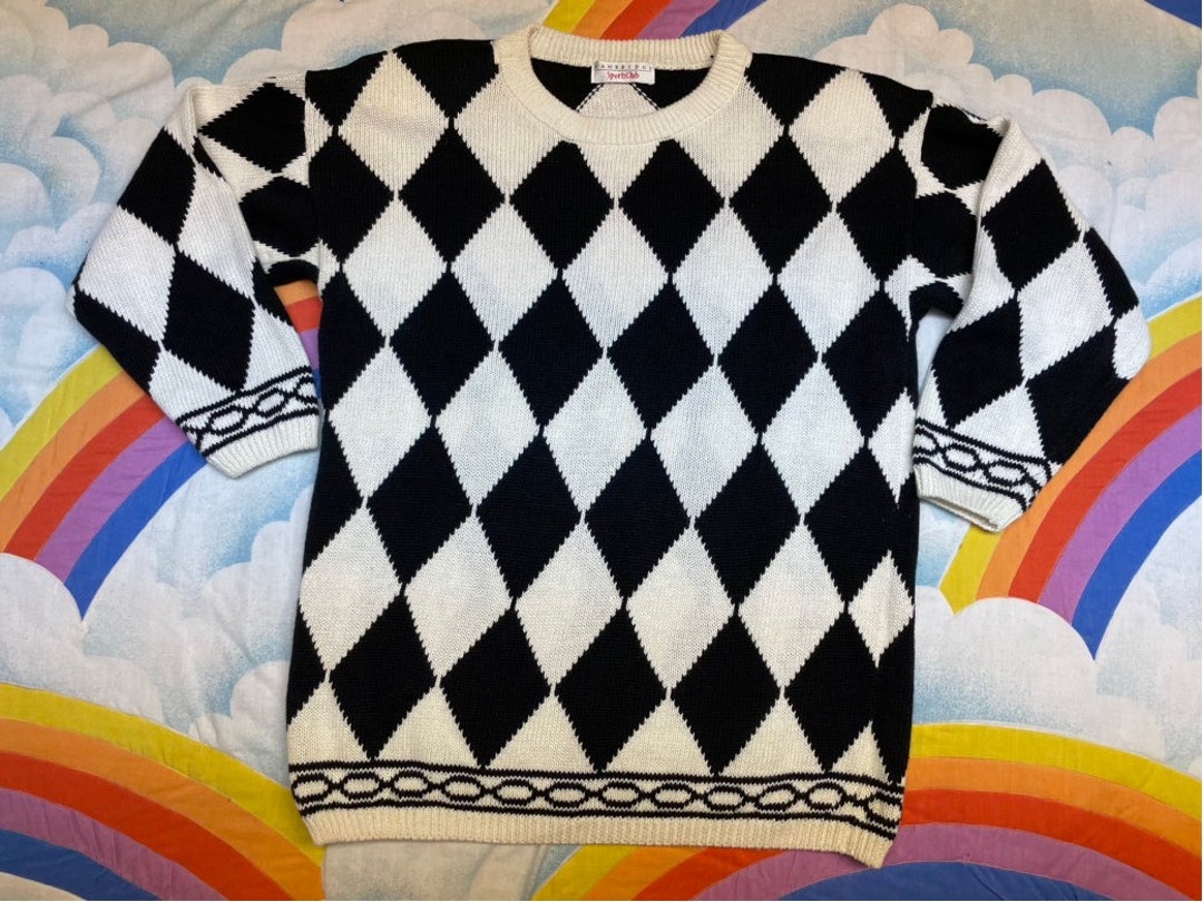 Vintage 80s 90s Black & White Harlequin Sweater // Argyle Sweater ...